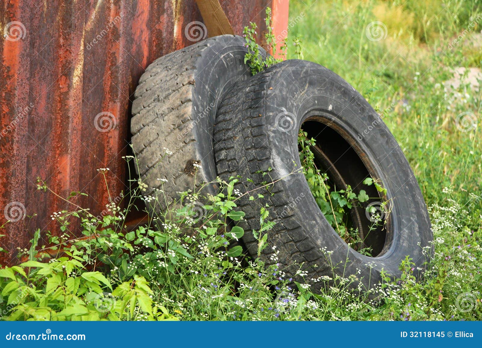 Old tires in green grass stock image. Image of tires - 32118145