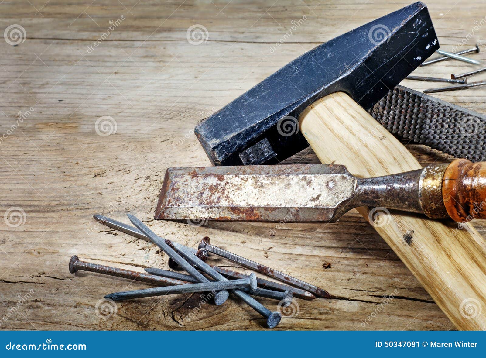 Old Tools on a Background from Rustic Wood Stock Image - Image of ...