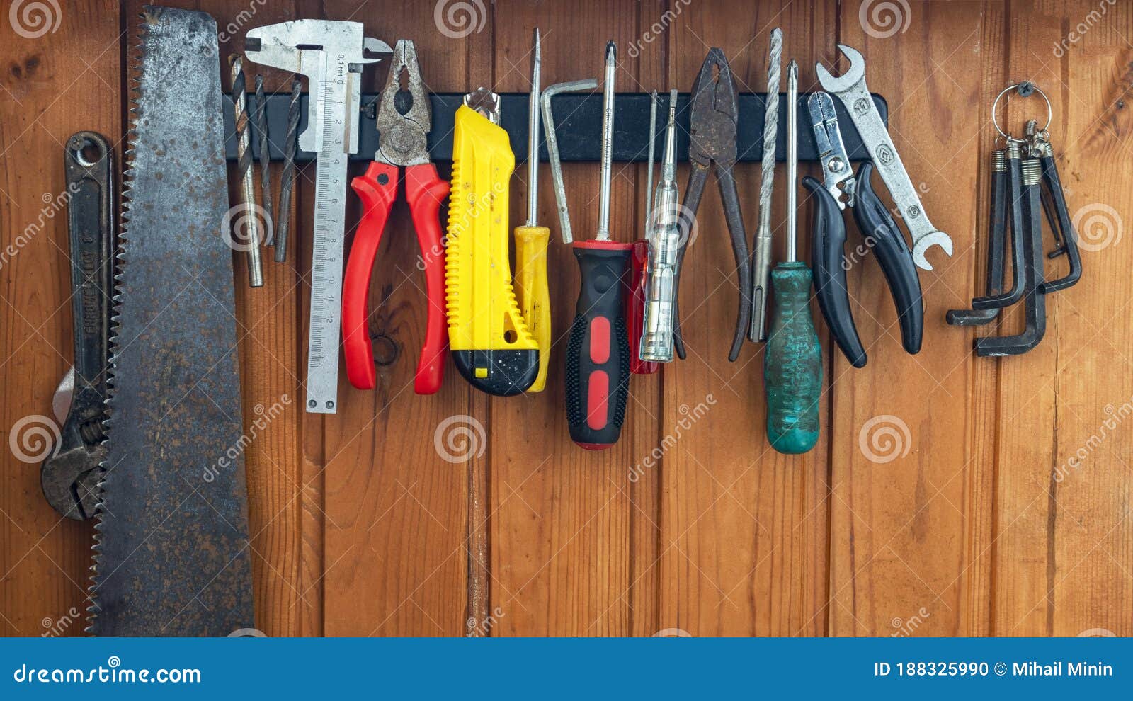 Old Tools Hang on the Wooden Wall Stock Photo - Image of pliers ...