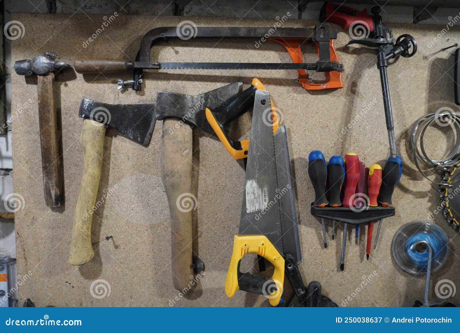 Old Tools Hanging on Wall in Workshop , Tool Shelf Against a Wall Stock ...