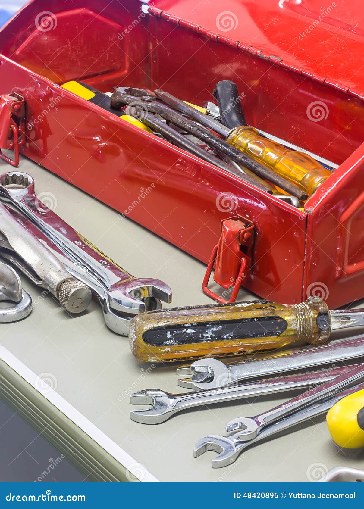 Old tools and red tool box stock photo. Image of grungy - 48420896