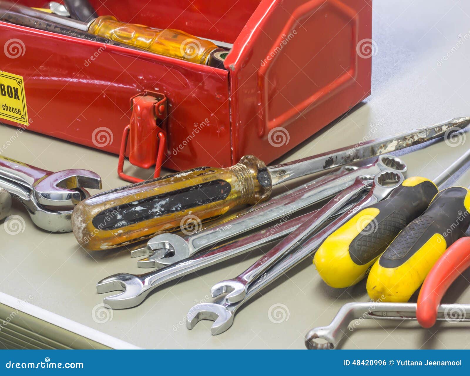 Old tools and red tool box stock photo. Image of labor - 48420996