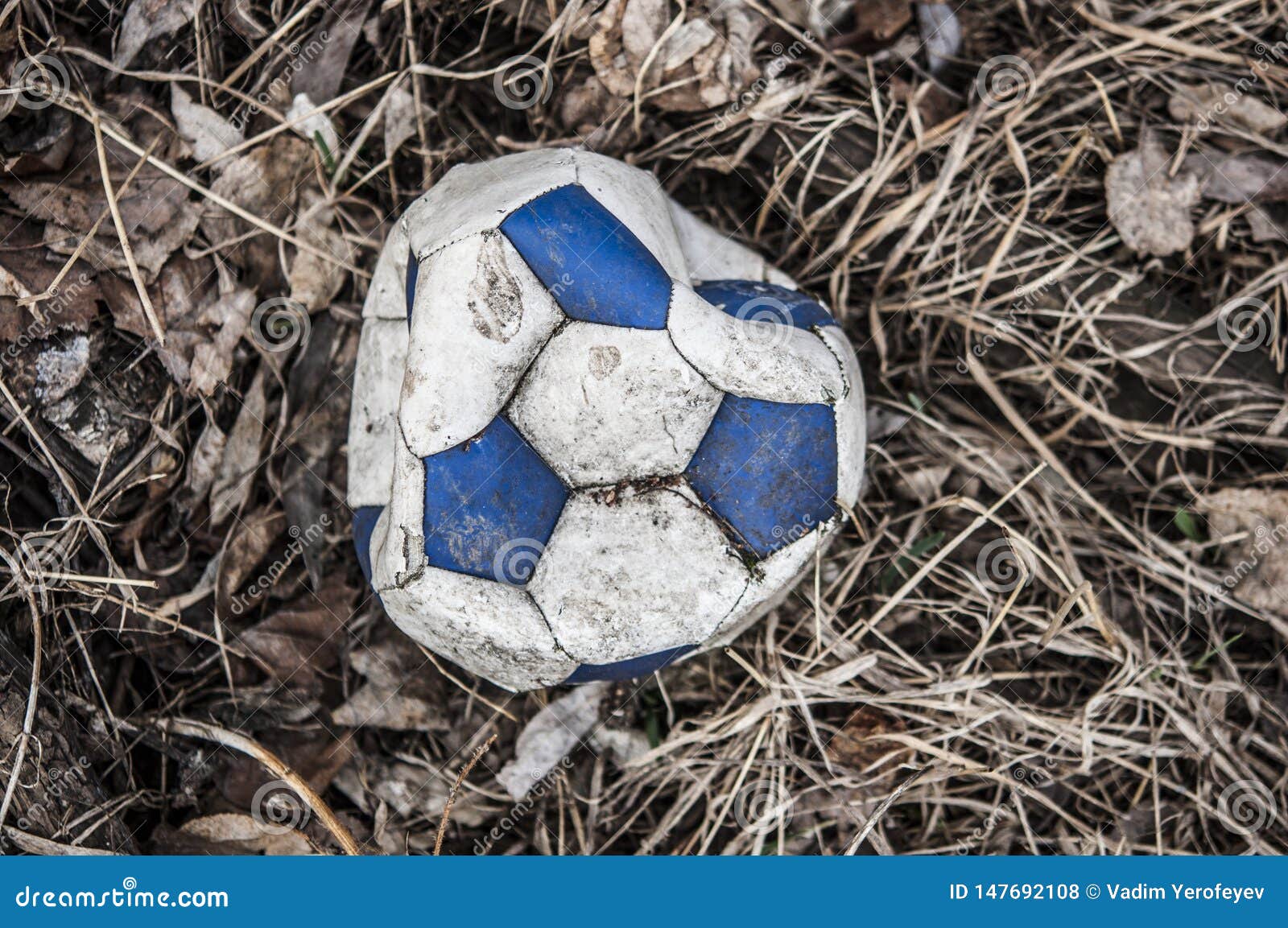 Old Torn Leather Soccer Ball Blue and White Stock Photo - Image of ...