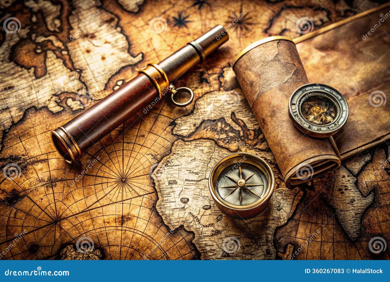 Old Torn Treasure Map with Compass and Spyglass Stock Illustration ...