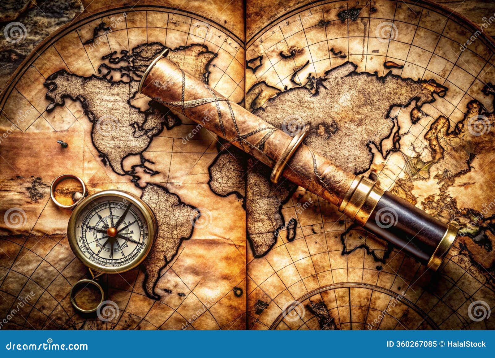 Old Torn Treasure Map with Compass and Spyglass Stock Illustration ...