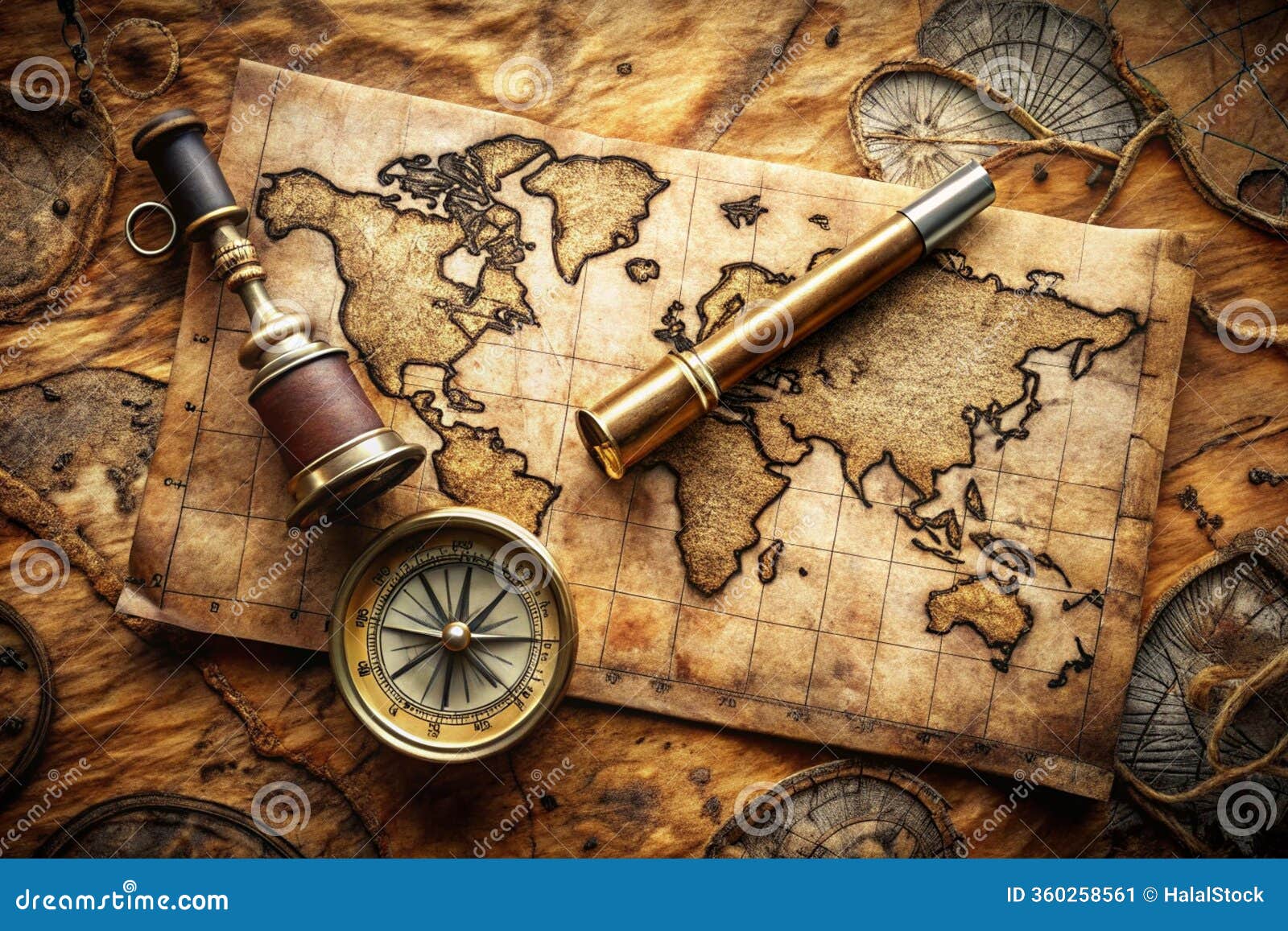 Old Torn Treasure Map with Compass and Spyglass Top View Still Life ...