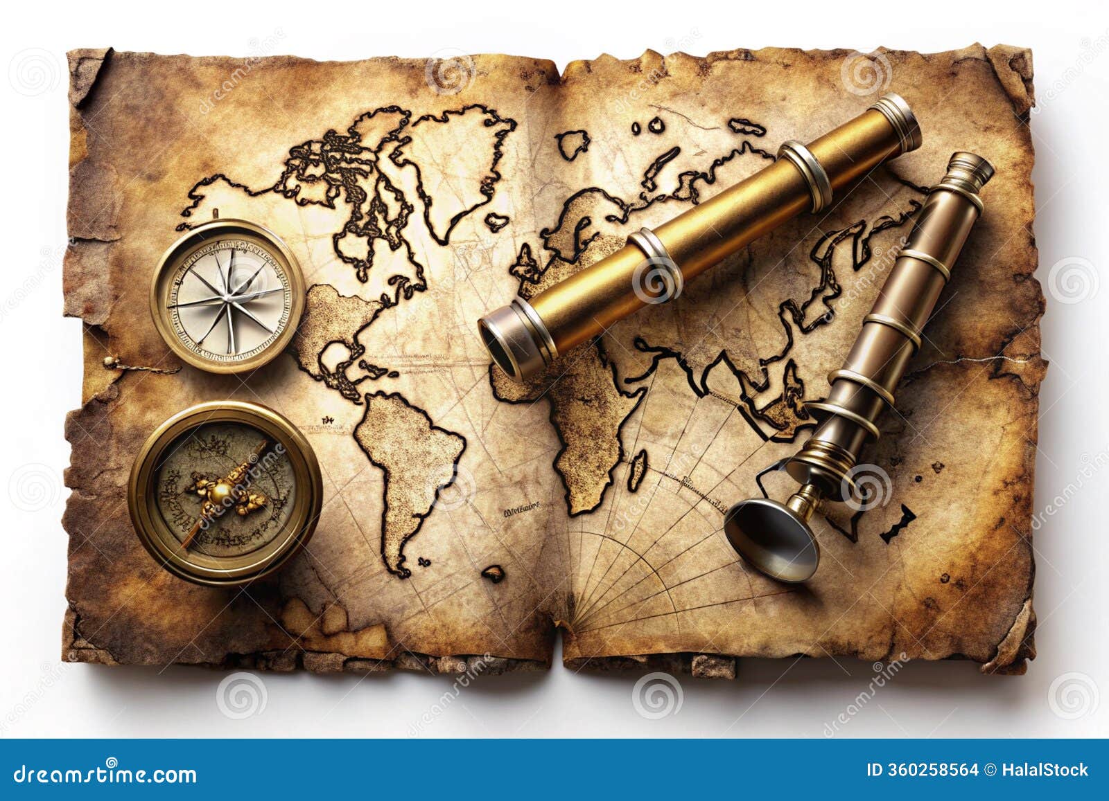 Old Torn Treasure Map with Compass and Spyglass Top View Still Life ...