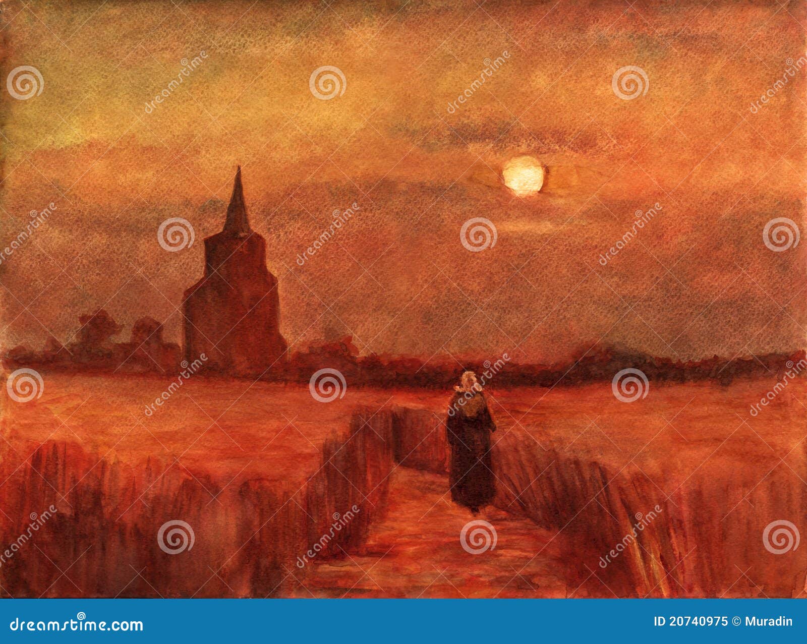 The Old Tower in the Fields Stock Illustration - Illustration of field ...