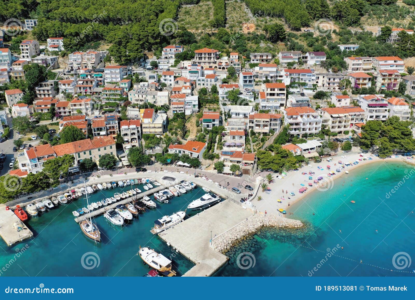 Aerial View of Old Town Brela with Harbor in Dalmatia, Croatia Stock ...