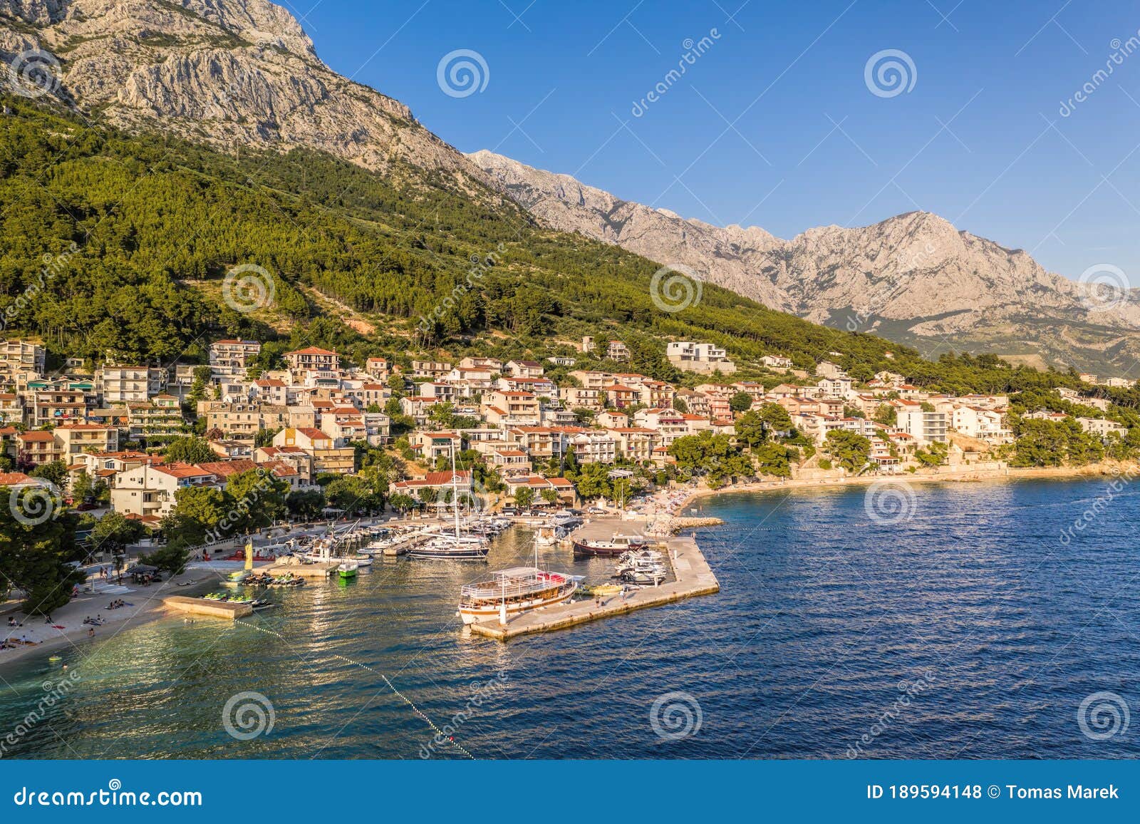 Aerial View of Old Town Brela with Harbor in Dalmatia, Croatia Stock ...