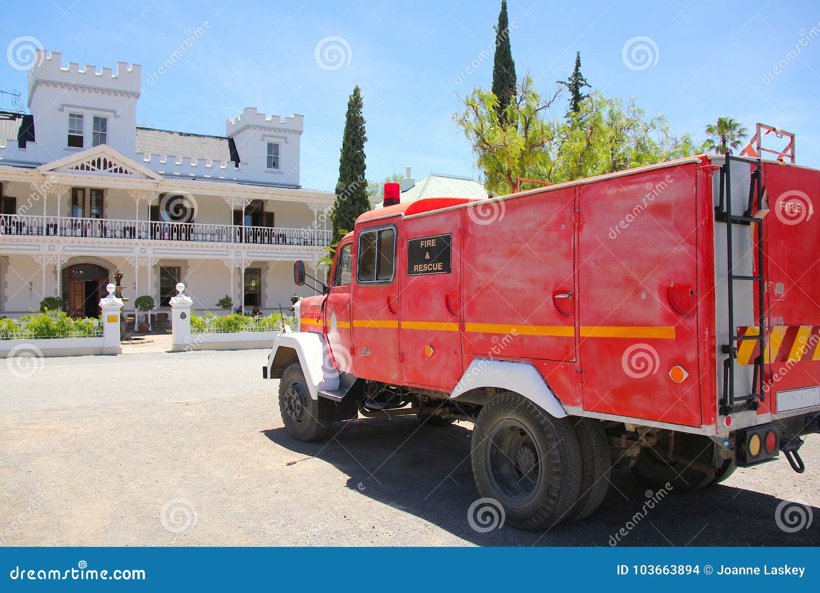 Old Town with Castle Like Hotel and Old Fire Engine Stock Photo - Image ...