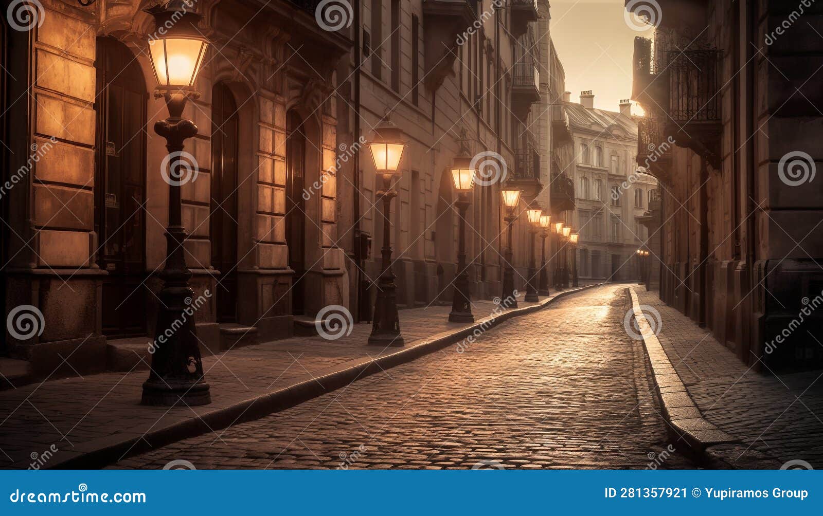 Old Town Narrow Cobblestone Footpath Illuminated by Street Lanterns ...