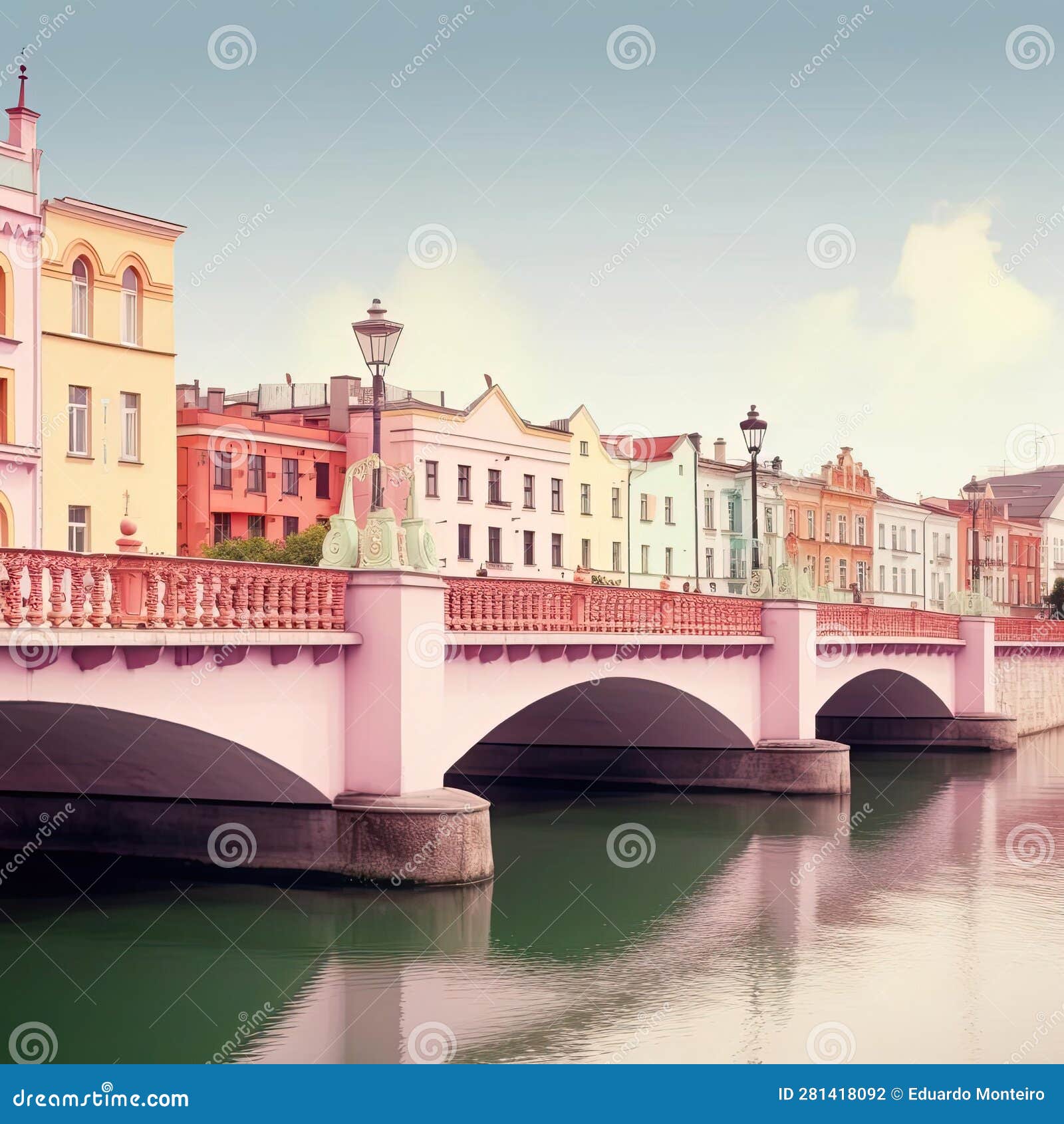 An Old Town with a Pink Bridge Over the River Stock Illustration ...