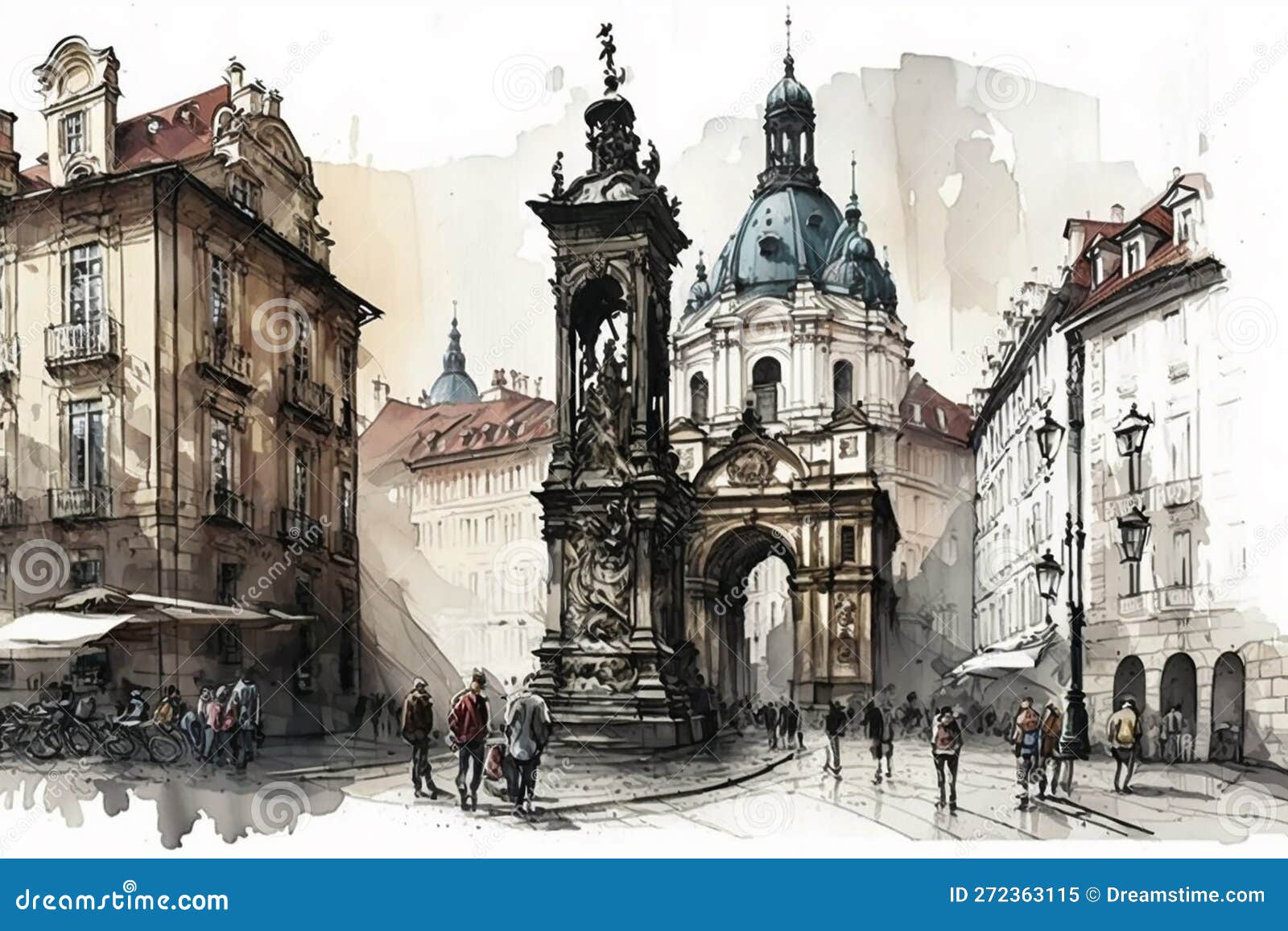 Old Town of Prague Drawing with Bit of Watercolour Stock Illustration ...