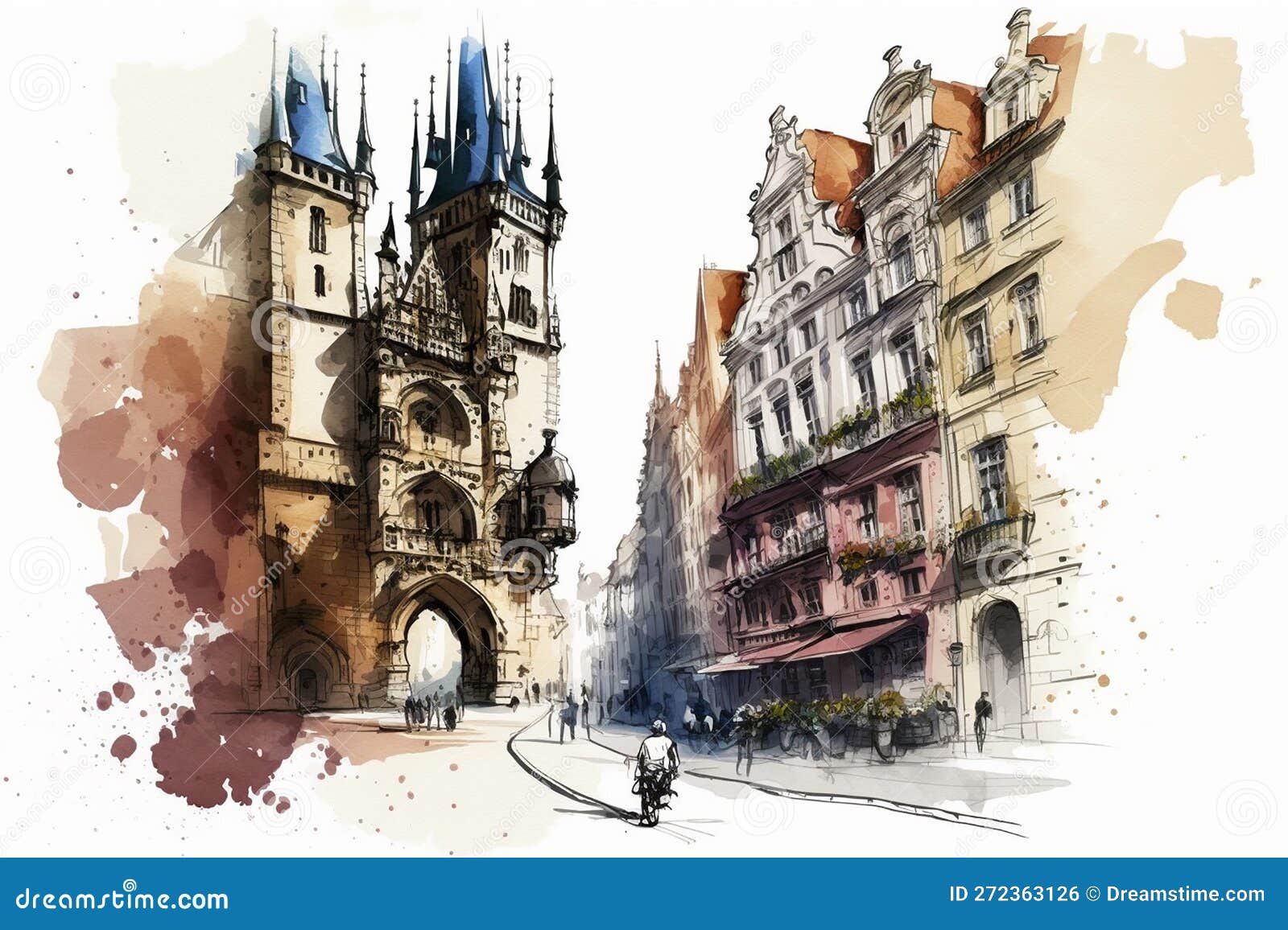 Old Town of Prague Drawing with Bit of Watercolour Stock Illustration ...