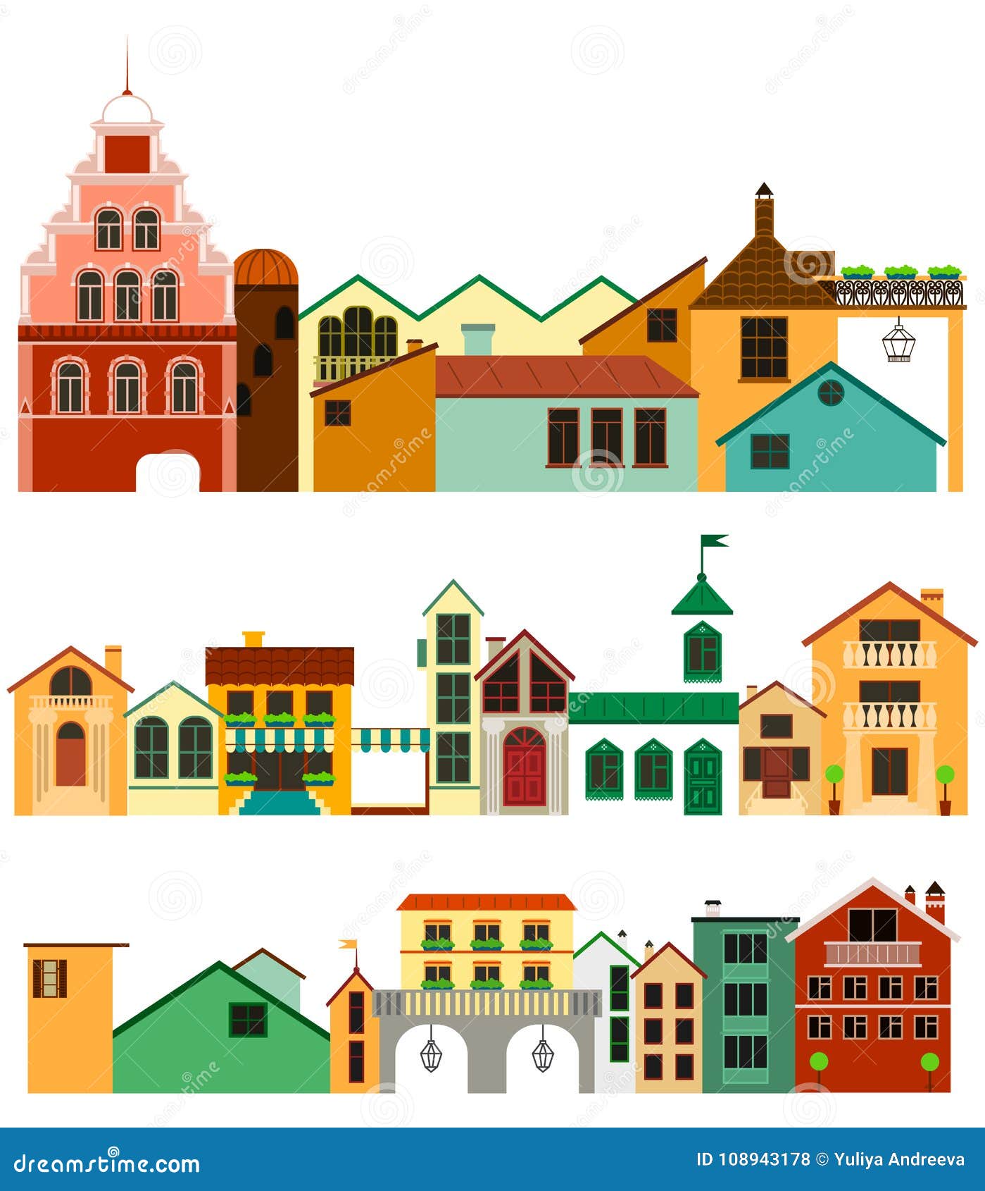 Old Town Streets Illustration. Vector Set of Cityscape Buildings Stock ...