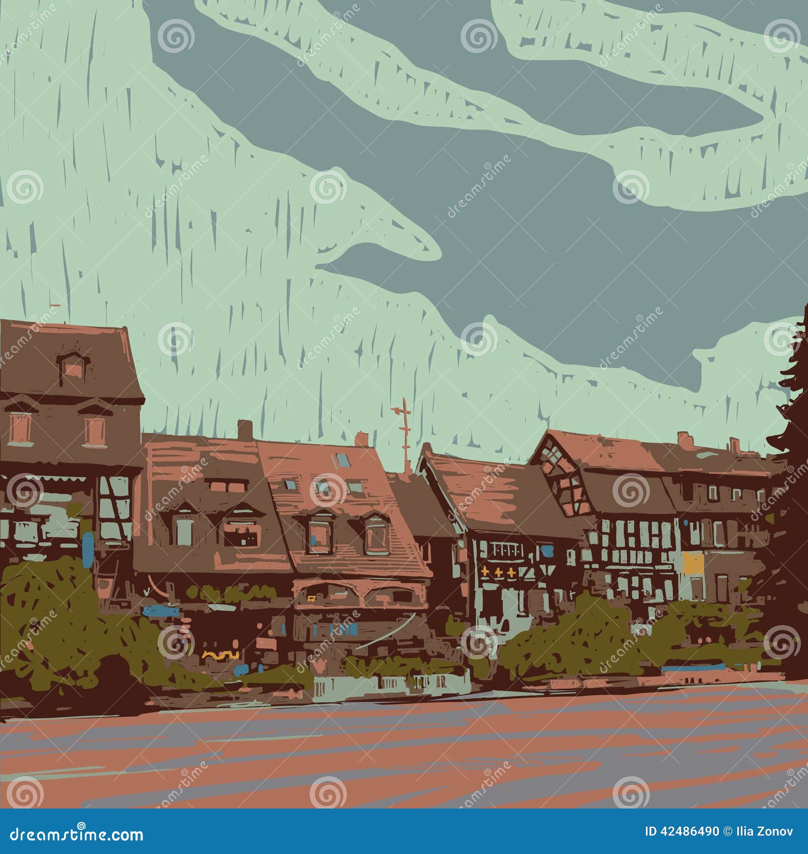 Old town view stock vector. Illustration of drawn, sketch - 42486490