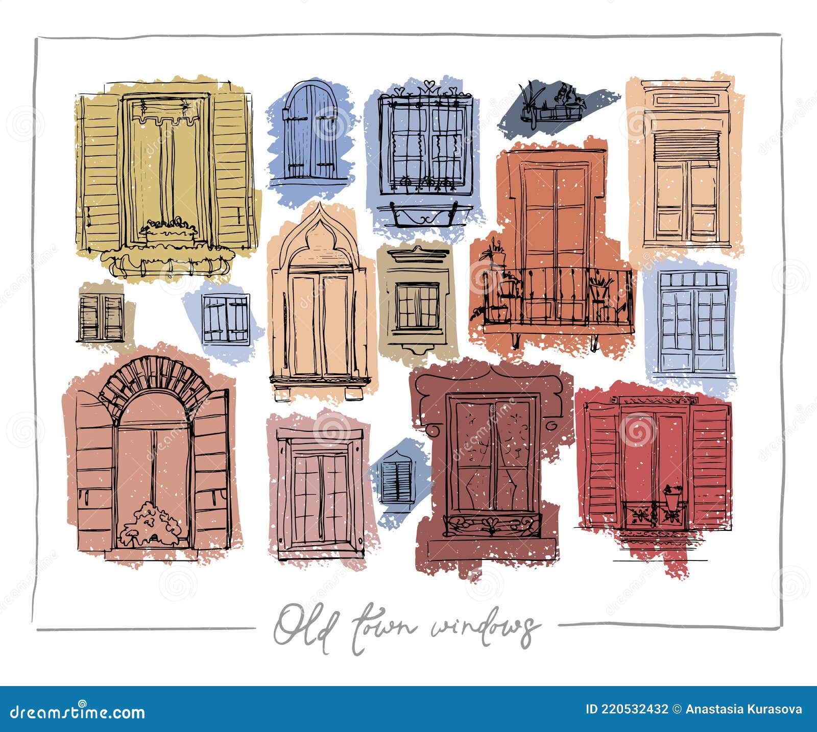 Old Town Windows. Sketch Hand Drawn of Vintage Architecture Style Stock ...
