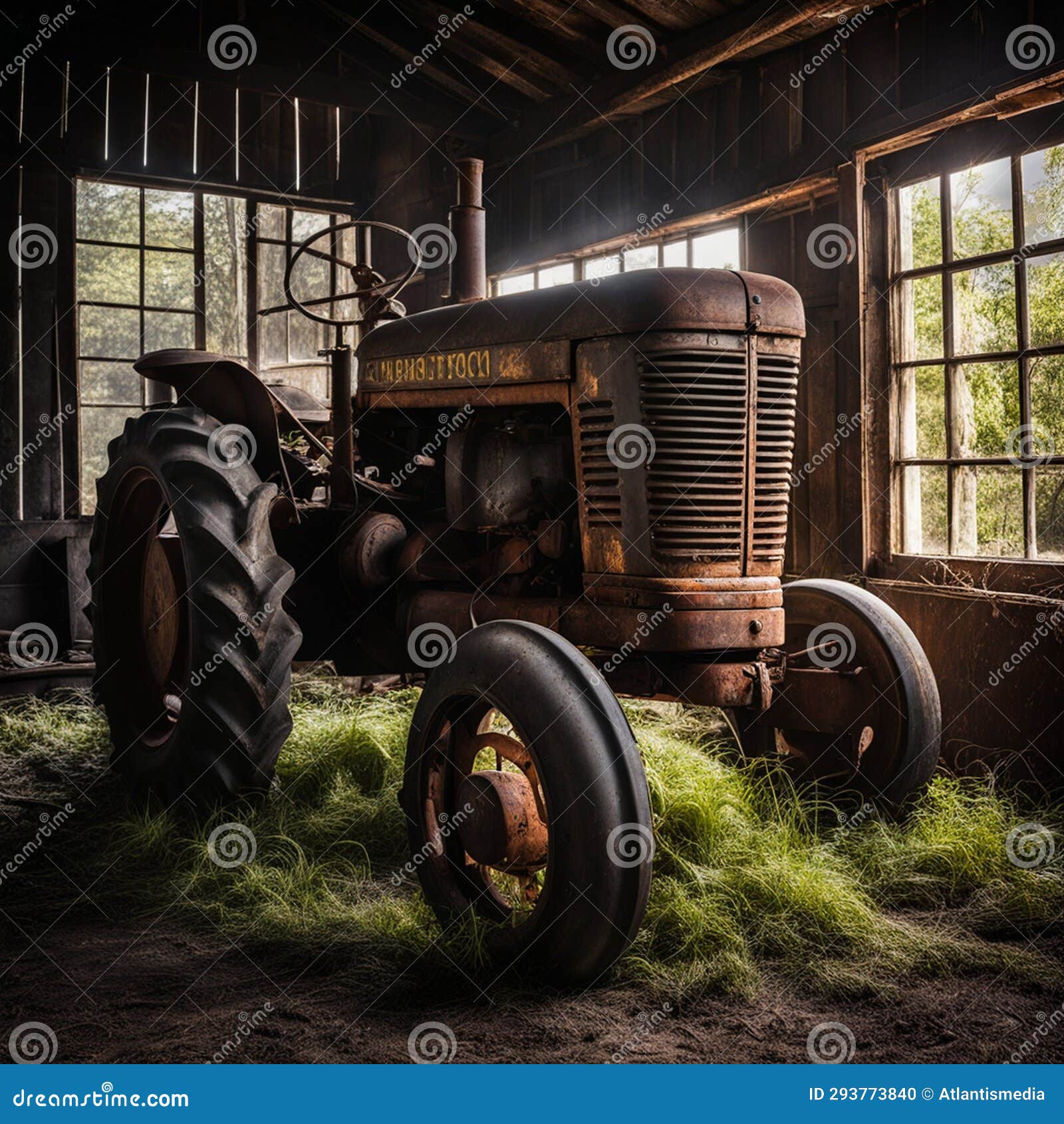 Old Tractor Abandoned in an Old Barn Stock Illustration - Illustration ...