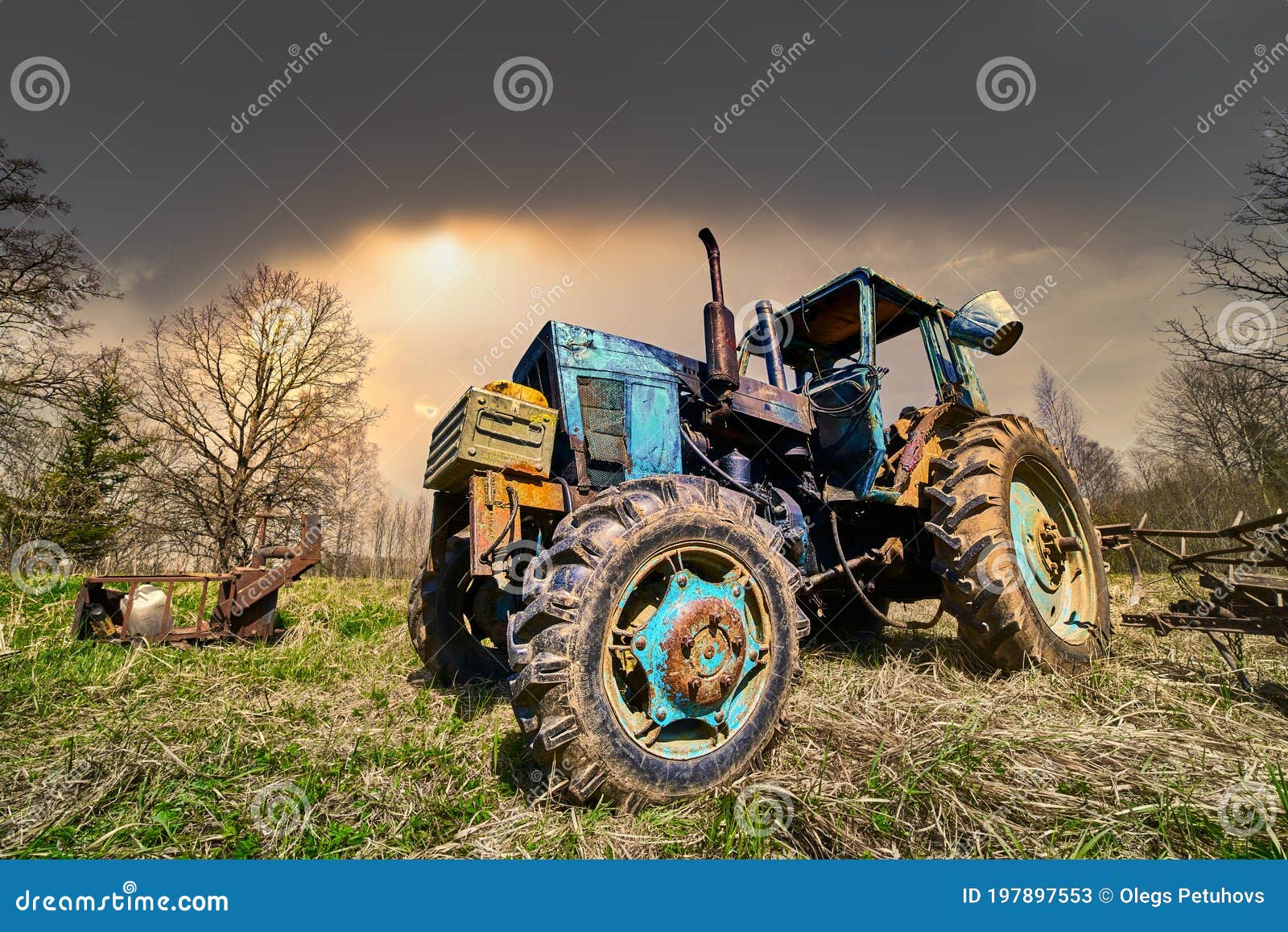 Old Tractor on the Grass Field Editorial Stock Photo - Image of work ...