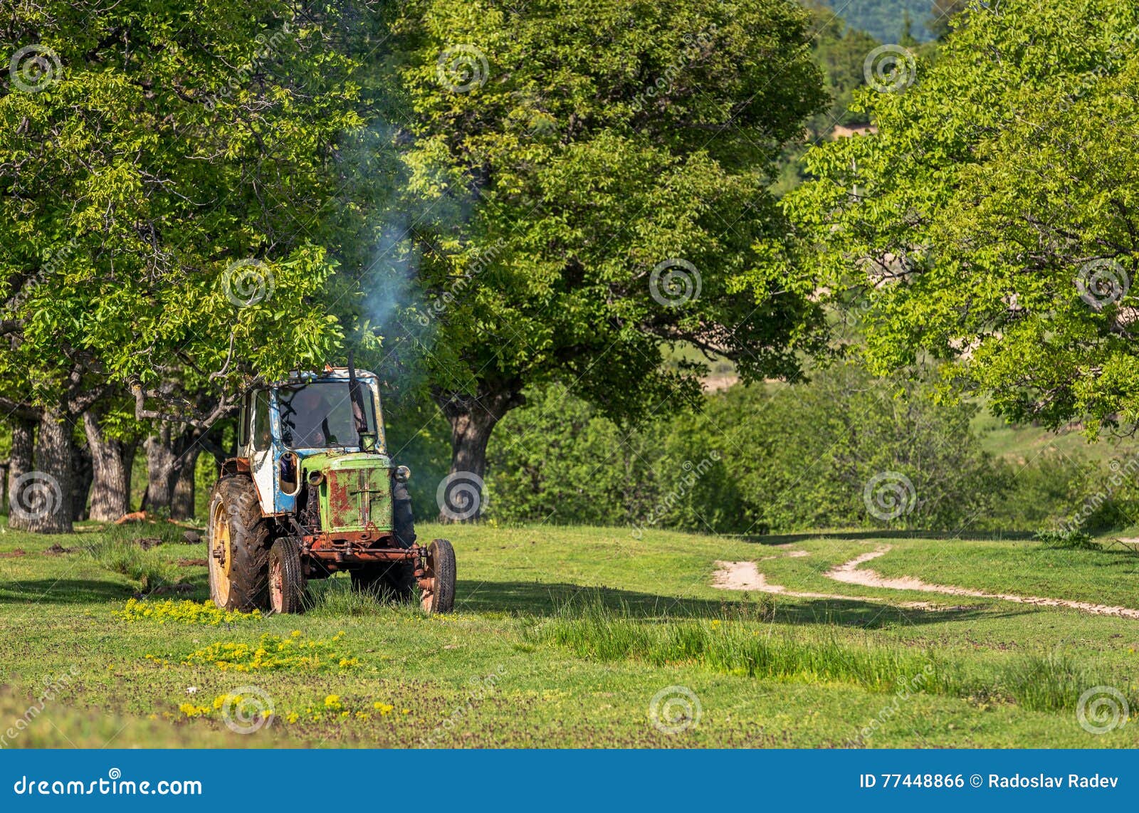 Old tractor on the grass. stock photo. Image of environment - 77448866