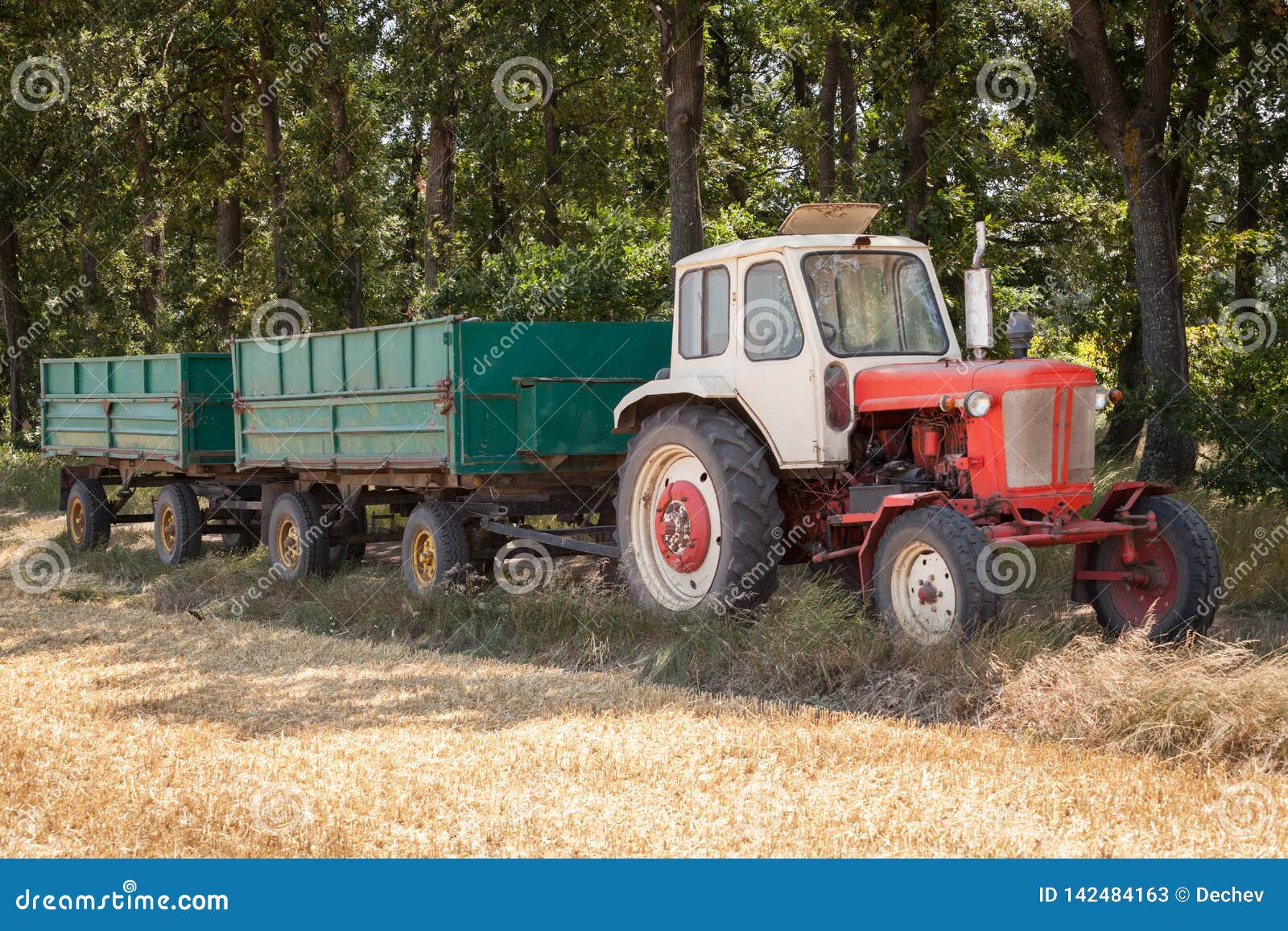 Old Tractor with Trailers on the Field Stock Image - Image of ...