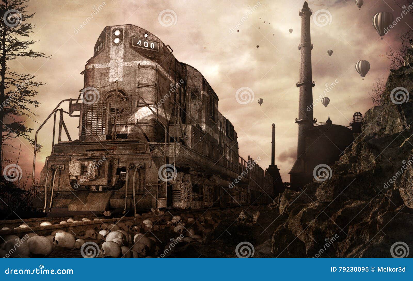 Old train and factory stock illustration. Illustration of balloons ...