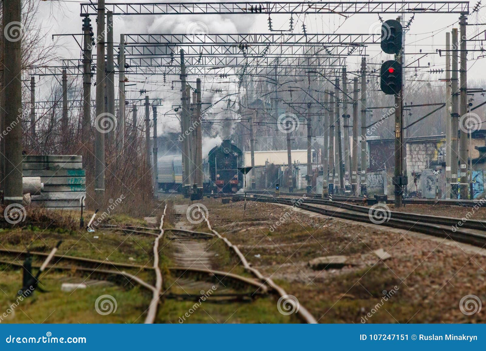 An Old Train is Flying on Rails with Smoke Stock Image - Image of black ...