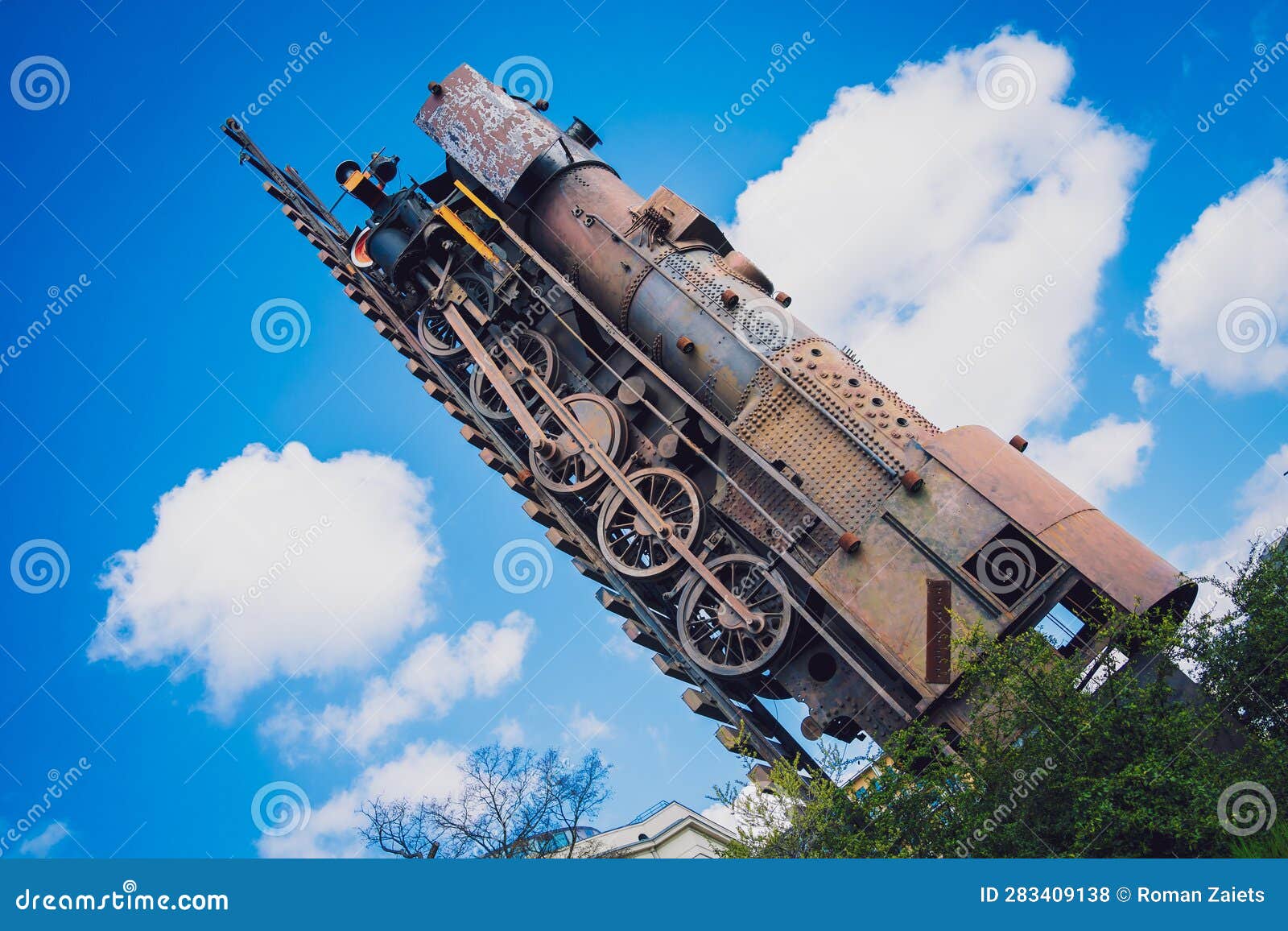 Old Train High Up in the Sky and Surfing through the Clouds. Stock ...