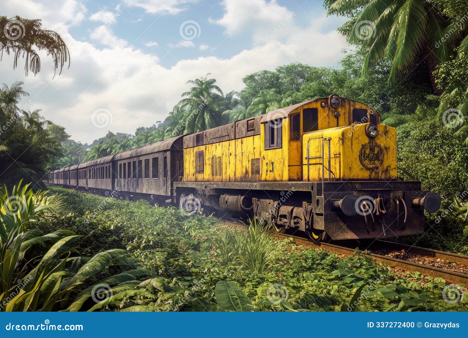 Old Train with Yellow Locomative Going through Beautiful Lush ...