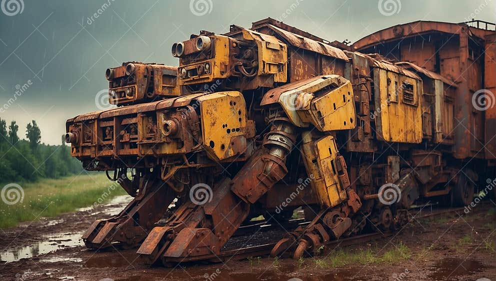 An Old Transformer Train Covered in Rust Stands in the Mud. Stock ...