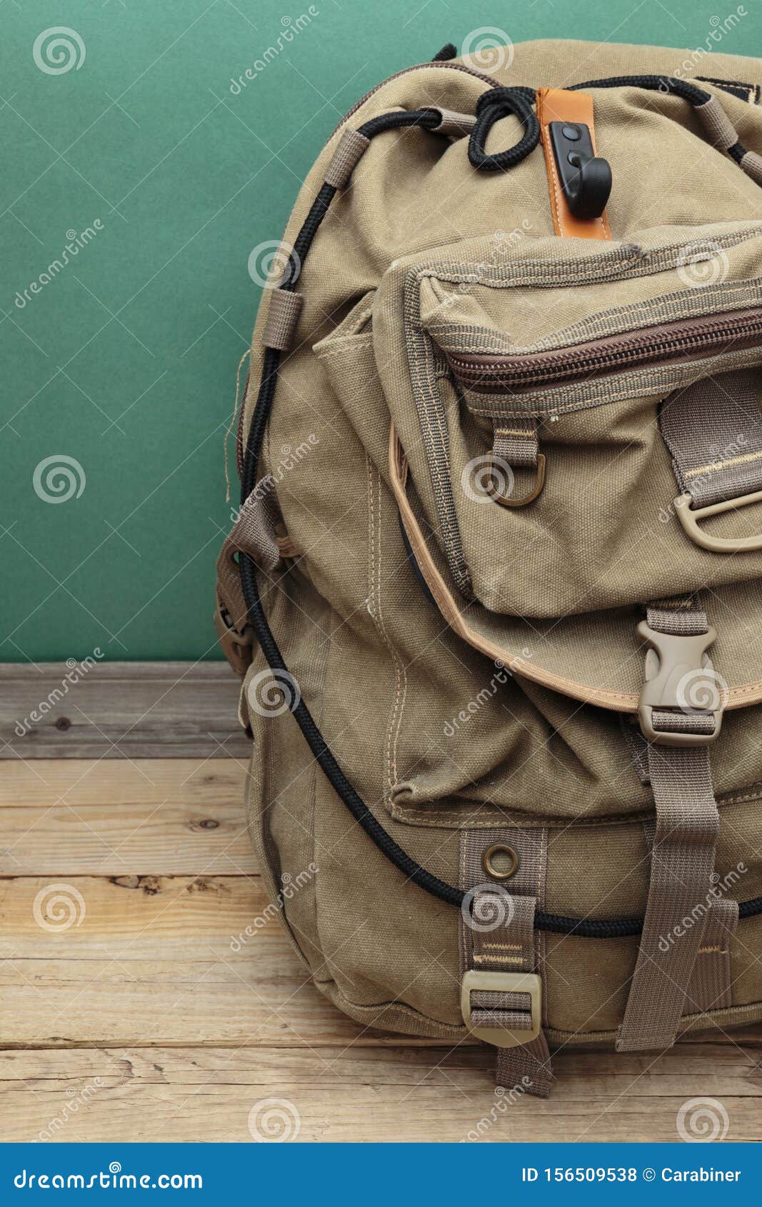 Old travel backpack stock photo. Image of wooden, green - 156509538