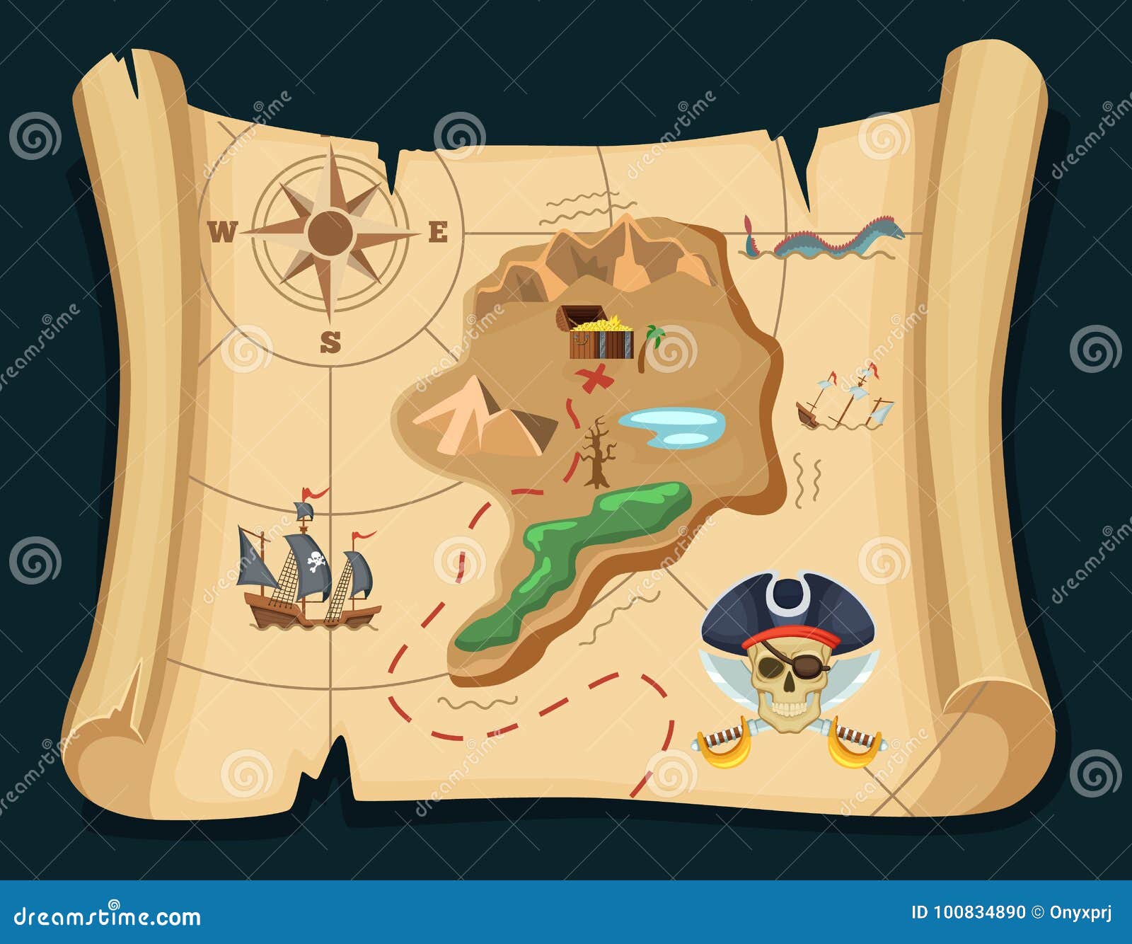 Old Treasure Map for Pirate Adventures. Island with Old Chest Stock ... Old Treasure Map for Pirate Adventures. Island with Old Chest Stock ...