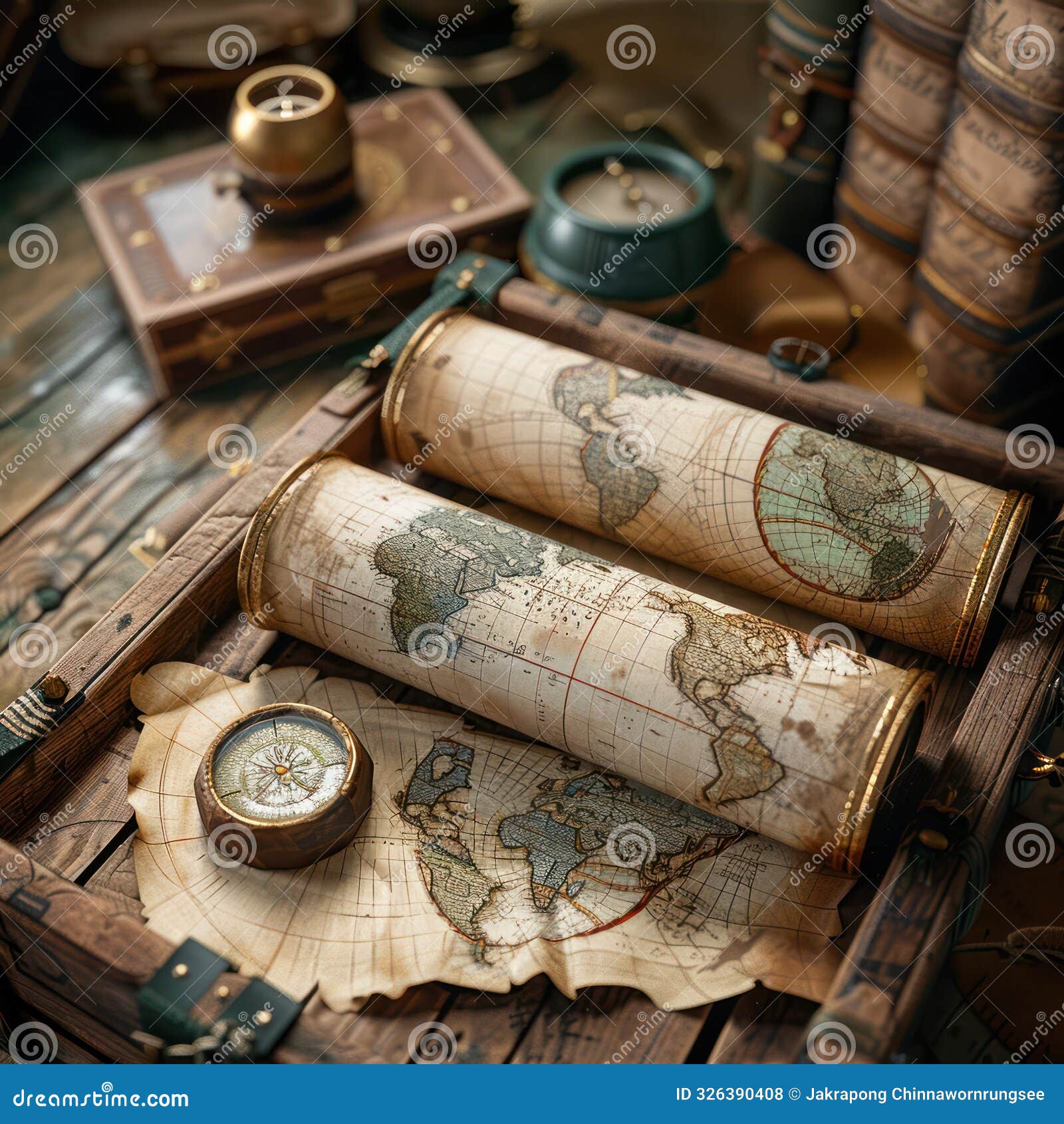 An Old Treasure Map on a Table with a Compass and Other Navigational ...