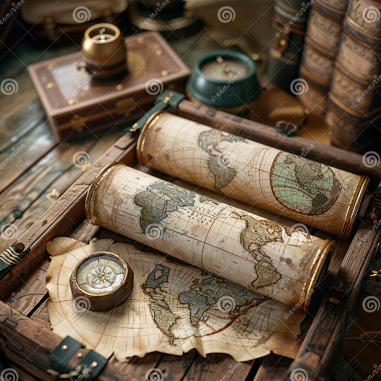An Old Treasure Map on a Table with a Compass and Other Navigational ...