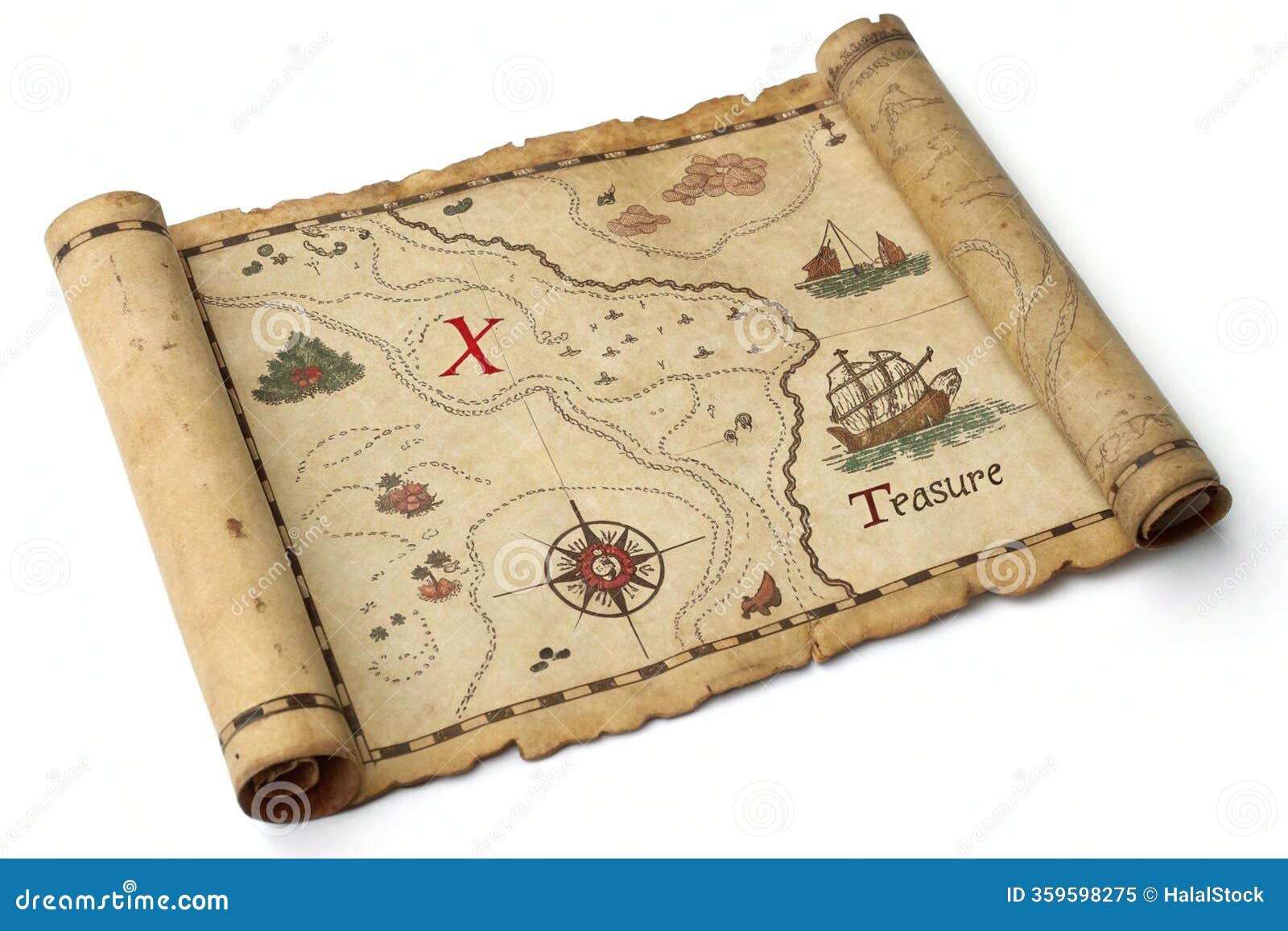 Old Treasures Map Scroll Isolated Stock Illustration - Illustration of ...