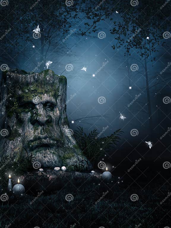 Old Tree in Enchanted Forest Stock Illustration - Illustration of magic ...