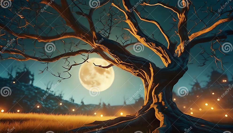 Old tree and full moon stock illustration. Illustration of darkness ...