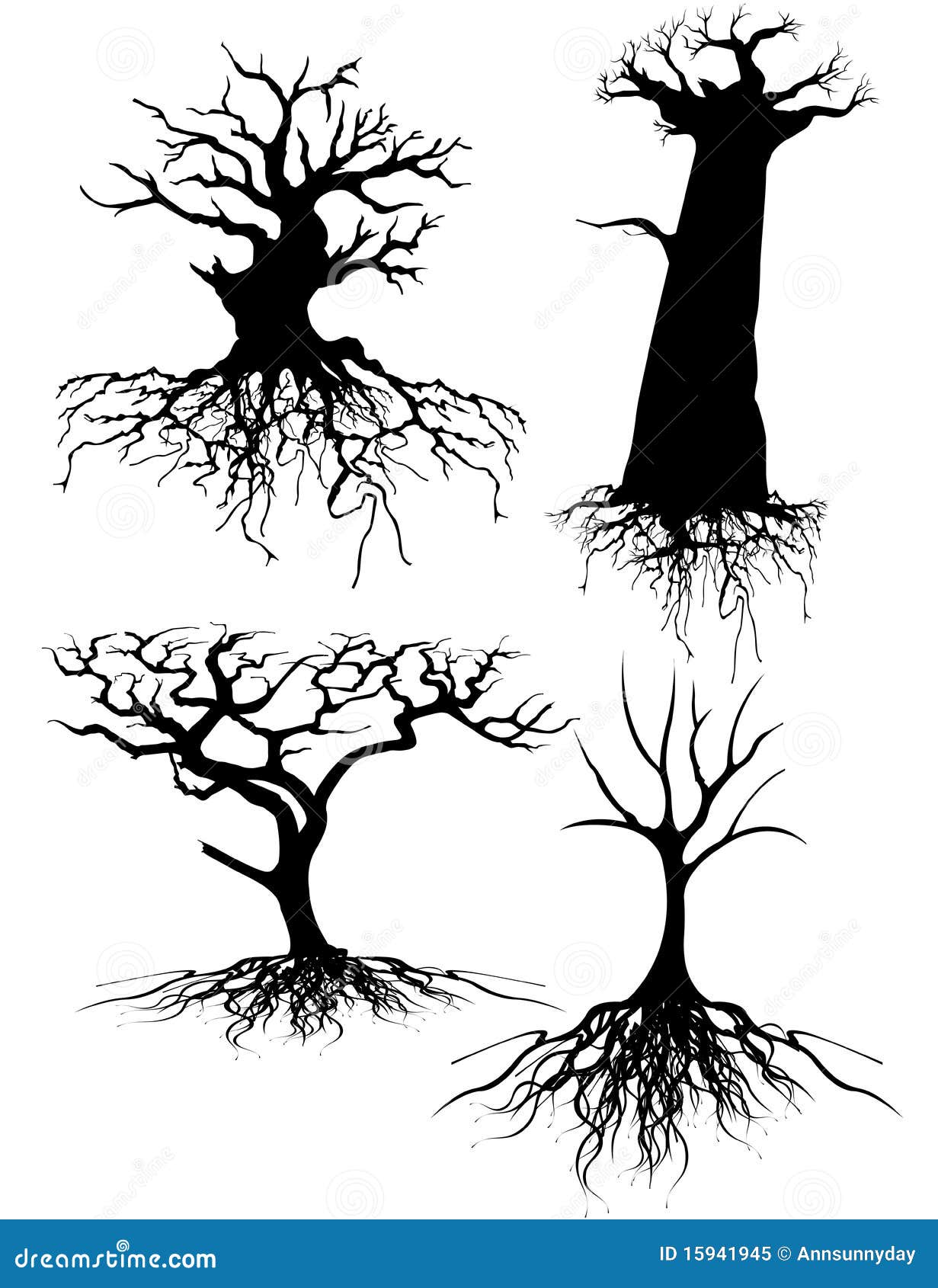 Old Tree Silhouettes with Roots Stock Vector - Illustration of isolated ...