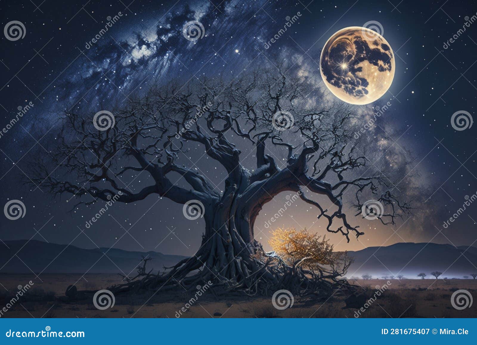 Old Tree Under Full Moon, Created with Generative AI Stock Illustration ...