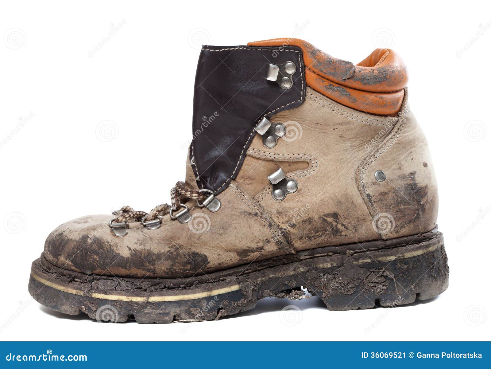 Old Trekking Boot in Mud. Side View. Stock Image - Image of shadow ...