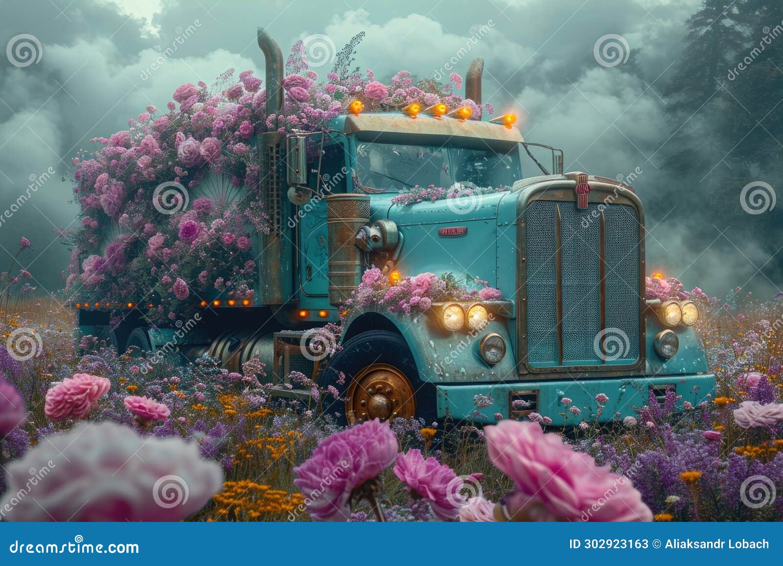 An Old Truck in a Flower Bed. Decor Stock Illustration - Illustration ...