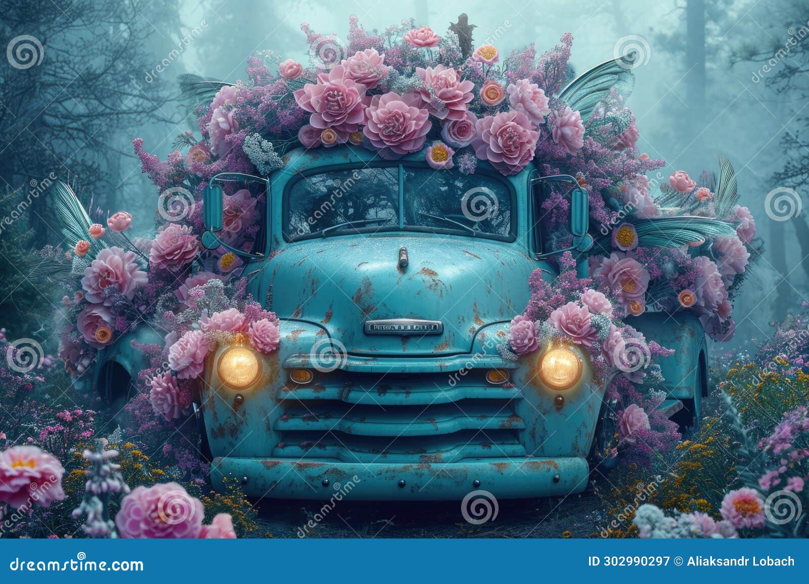 An Old Truck in a Flower Bed. Decor Stock Illustration - Illustration ...