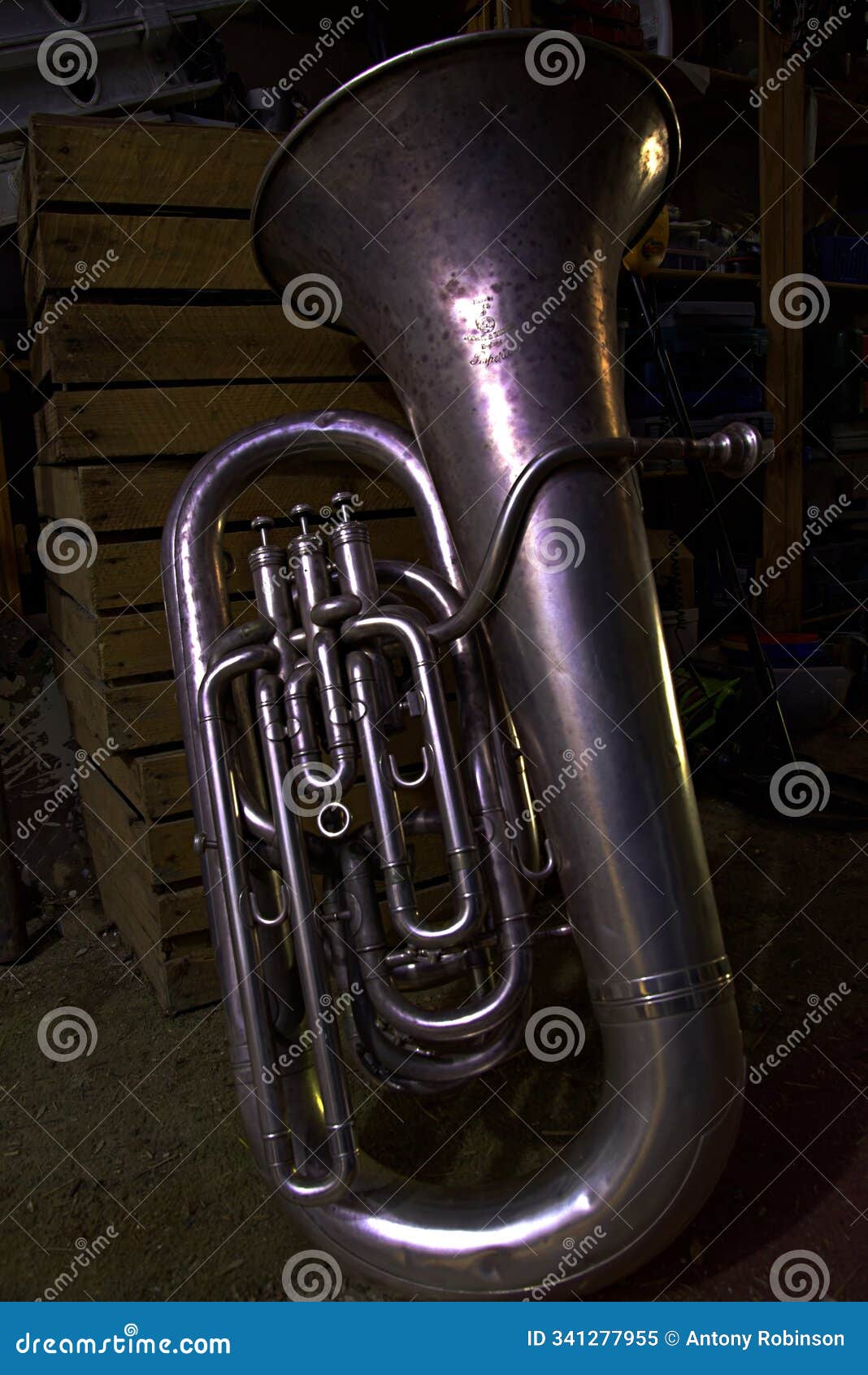 Old tuba in a shed stock image. Image of pipe, brass - 341277955