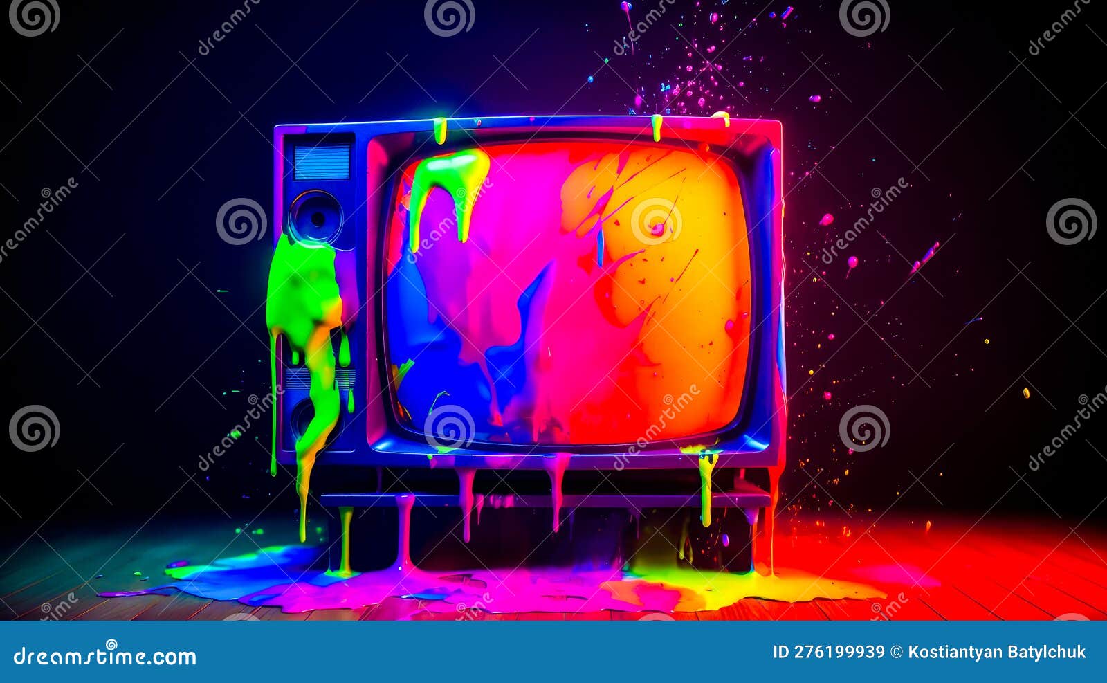 Old Tv with Paint Splattered on it in Dark Room. Generative AI Stock ...