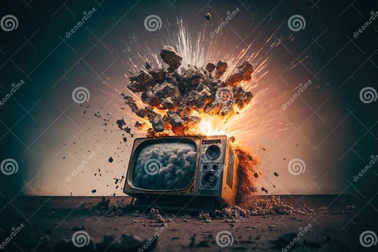 An Old TV Set Exploding with Fire and Smoke, Generative AI Stock ...