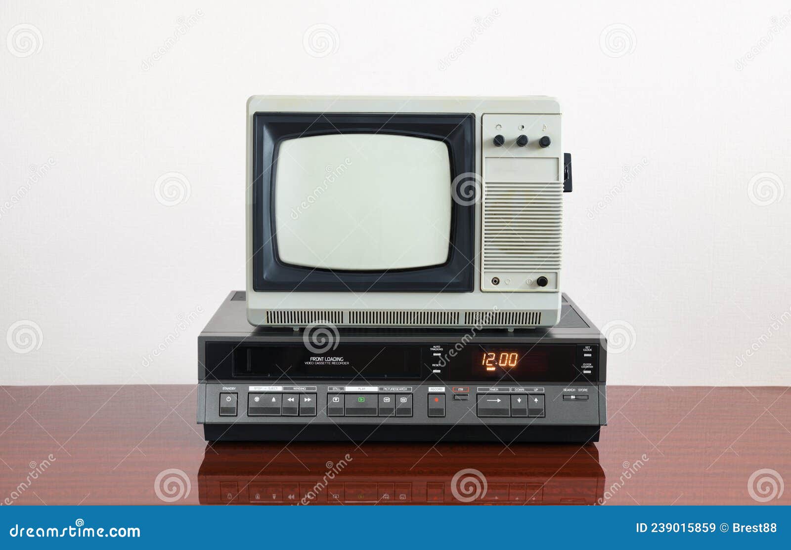 Old TV with VCR on the Background of Wallpaper. Stock Image - Image of ...