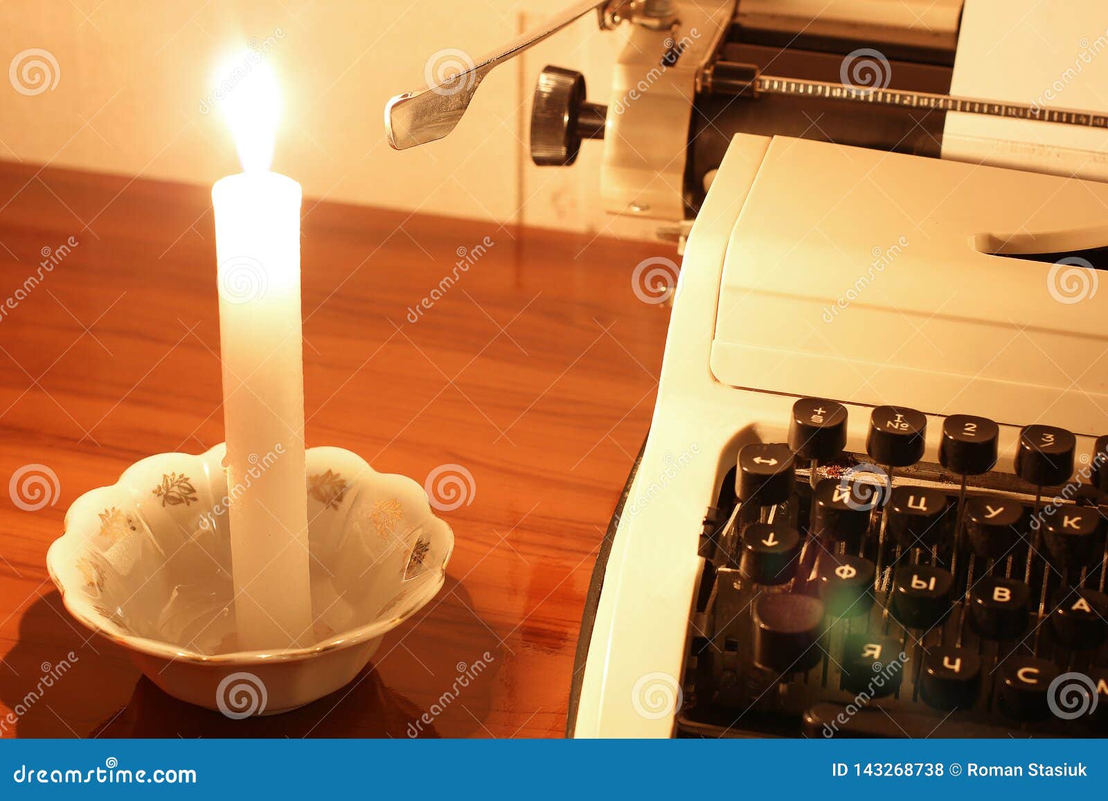 Old Typewriter and Burning Candle Stock Photo - Image of mechanical ...