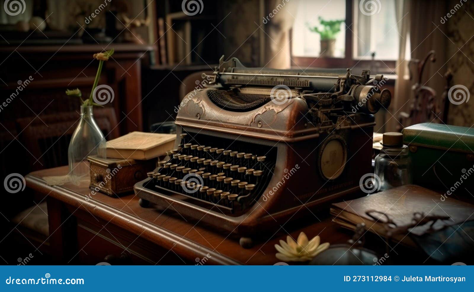 The Old Typewriter. Classic Book Writer Room Stock Illustration ...