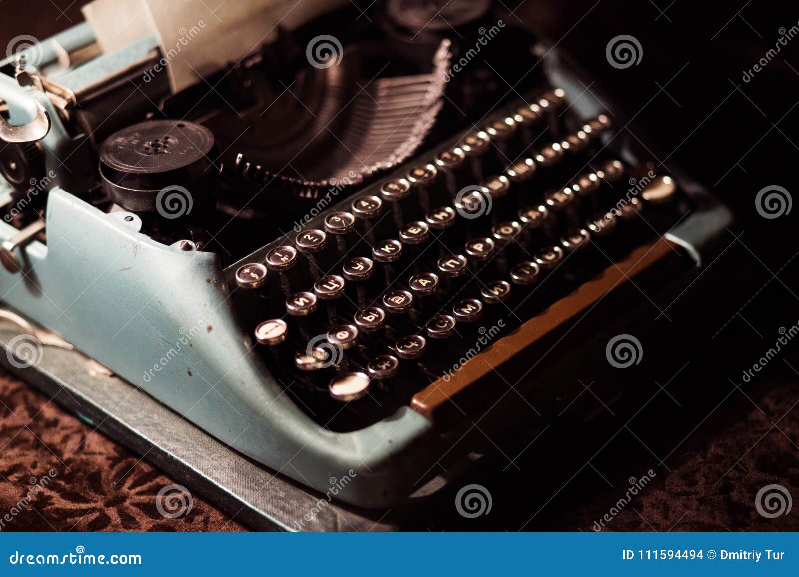 Old typewriter in the dark stock photo. Image of text - 111594494